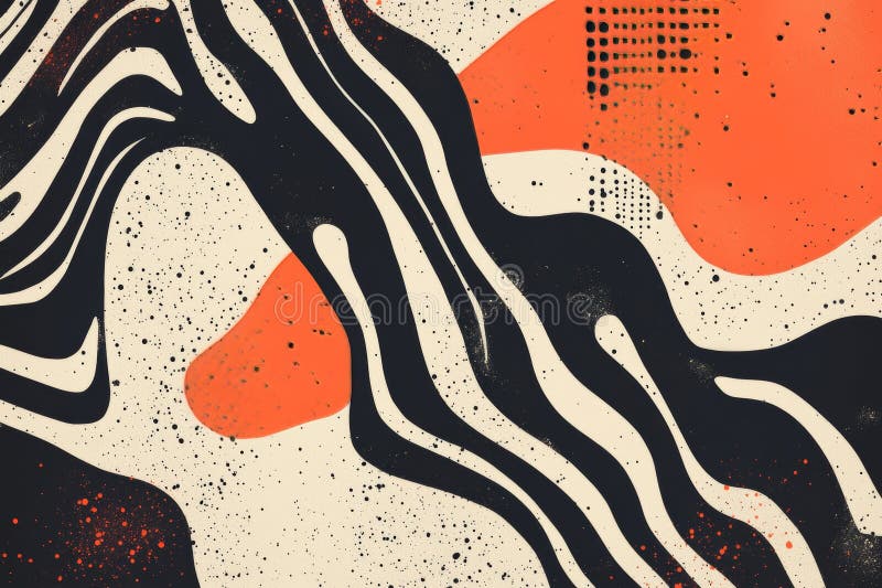Abstract Modern Art with Bold Black and Orange Waves and Dots on a ...