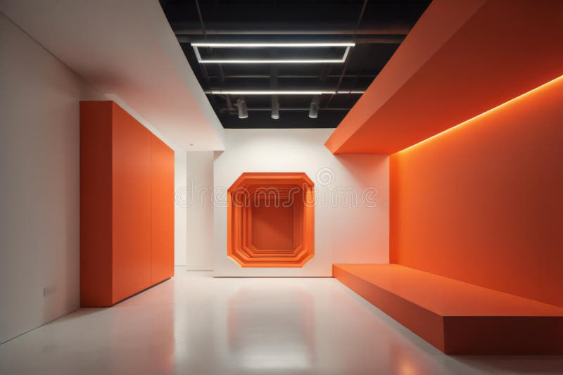 Abstract Modern Art Gallery Interior with Empty Orange Wall. Ai ...