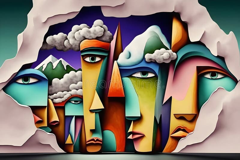 Abstract Modern Art Work with Strange Faces in Picasso Style Stock ...