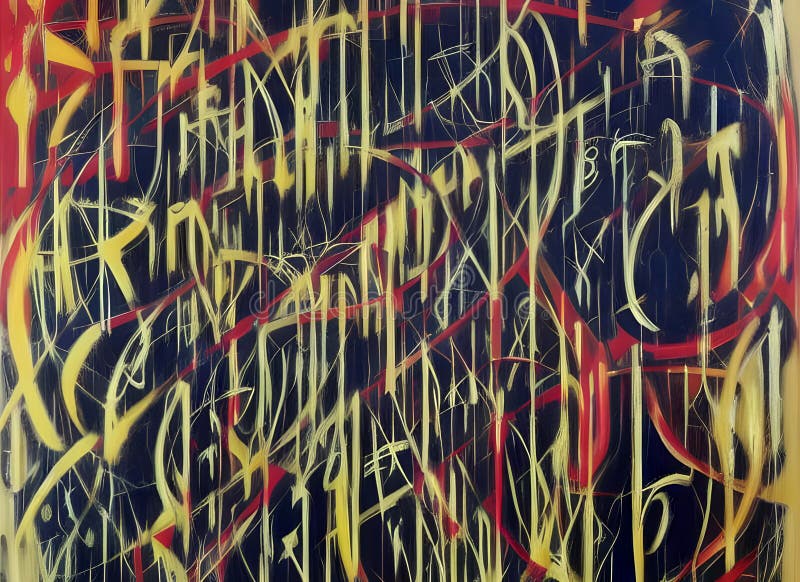 Abstract Modern Asemic Calligraphy Artwork in Yellow and Red on a Black ...