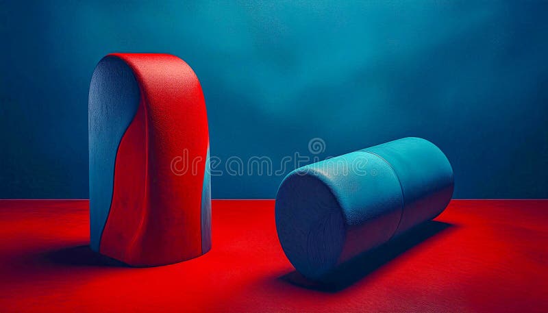 Abstract Modern Background with Two Red and Blue Color Objects on Red ...