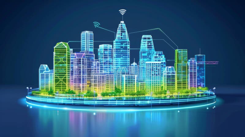Abstract Modern Cityscape with Wireless Network and Connection Technology Concept Stock ...