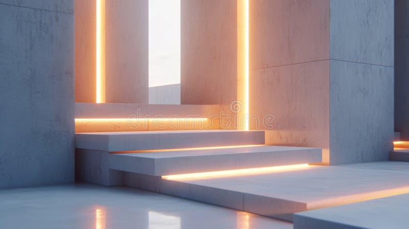 Abstract Modern Concrete Architecture with Orange Neon Lights Stock ...