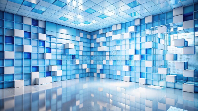 Abstract Modern Cube Room Interior Design with Blue Glass Panels and ...