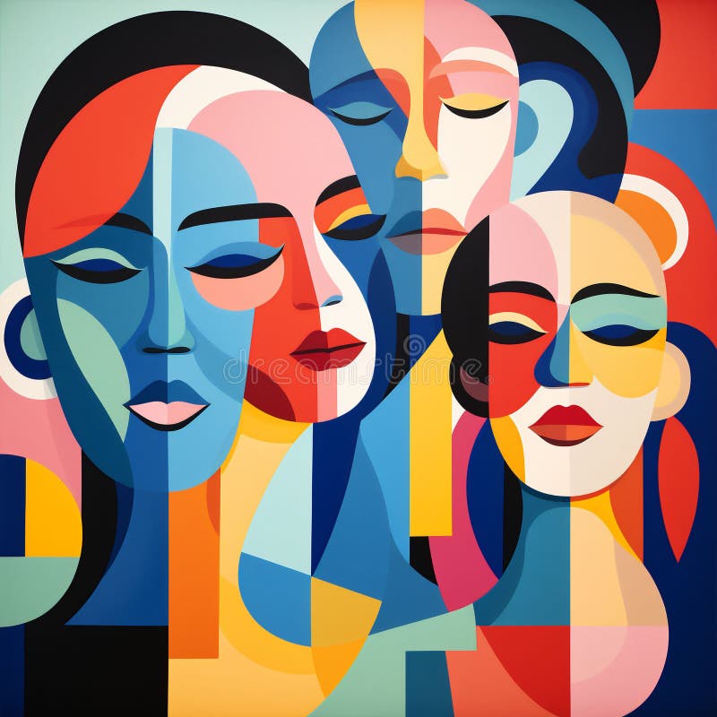 Modern Cubism Inspired Colored Block Design on Blue Background Stock ...