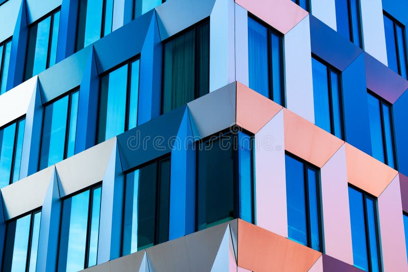 Abstract Modern Facade with Geometric Patterns, Blue and Yellow Panels ...