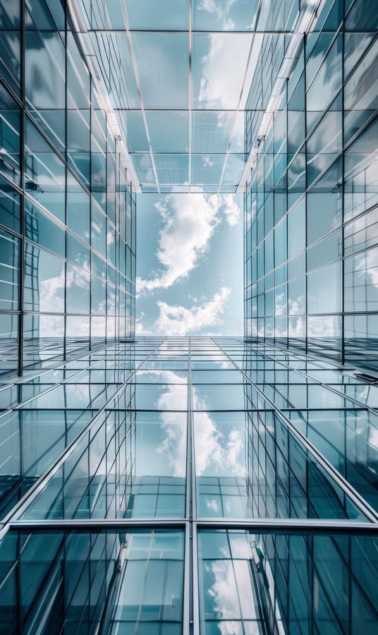 Abstract Modern Glass Office Building in Downtown, View from Below ...