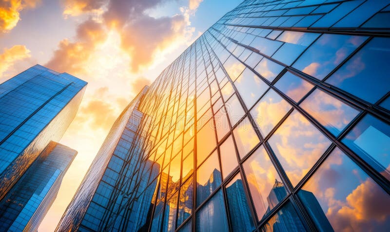 Abstract Modern Glass Office Building in Downtown, View from Below ...