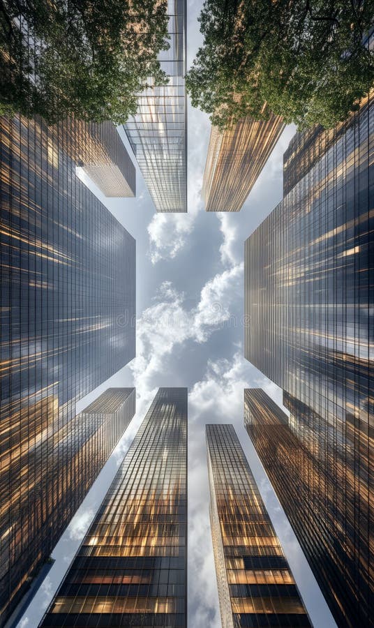 Abstract Modern Glass Office Building in Downtown, View from Below ...