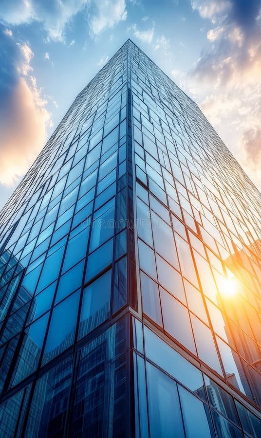 Abstract Modern Glass Office Building in Downtown, View from Below ...