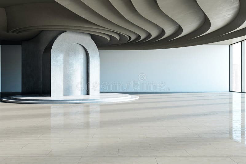 Abstract Modern Interior Design with Wave Ceiling and Light Walls. 3D ...