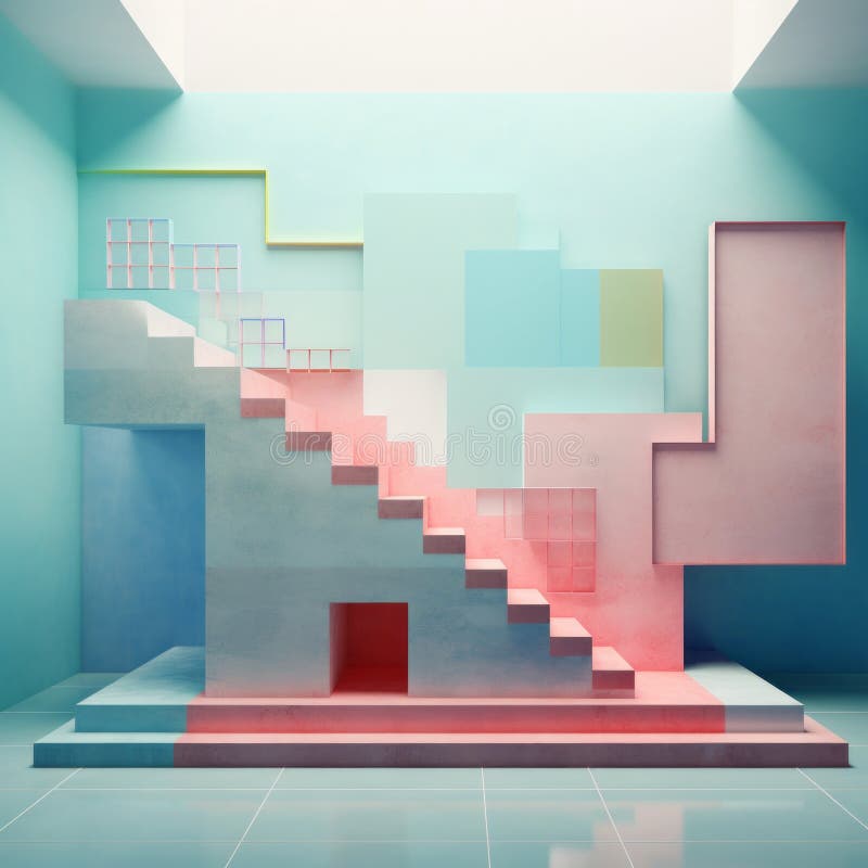 Abstract Modern Interior with Stairs, 3d Render, Square Composition ...