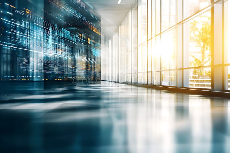 Abstract Modern Office Corridor with Digital Data Wall and Sunlight ...