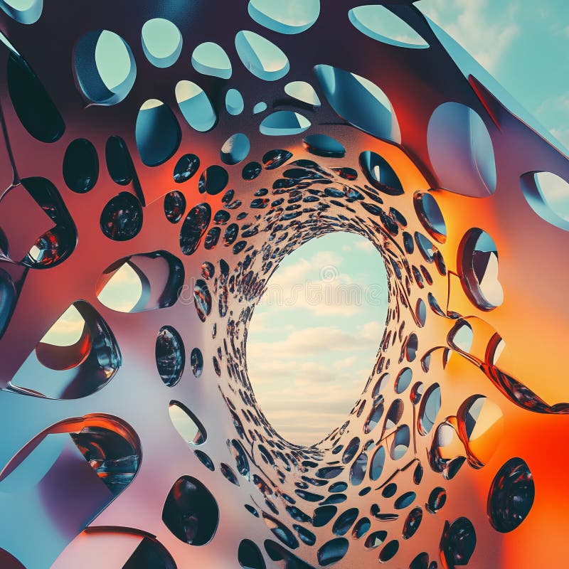 Abstract Modern Sculpture with Circular Patterns Against a Vibrant Sky ...