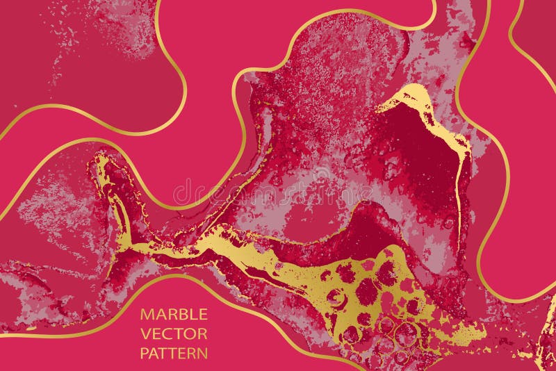 Abstract Modern Viva Magenta Vector Marble Background with Gold Waves ...