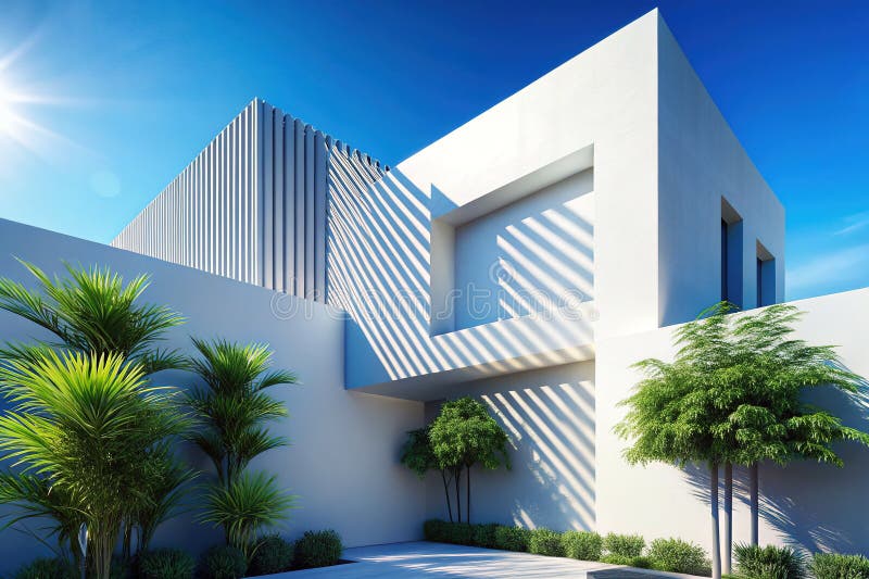 Abstract Modern White Building Facade with Botanical Shadows Against a ...