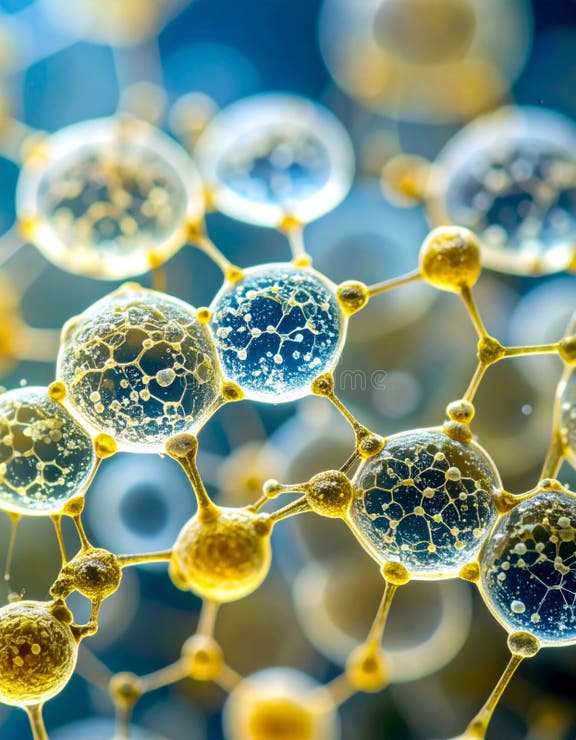 Abstract Molecular Structure with Blue and Gold Spheres Connected by ...