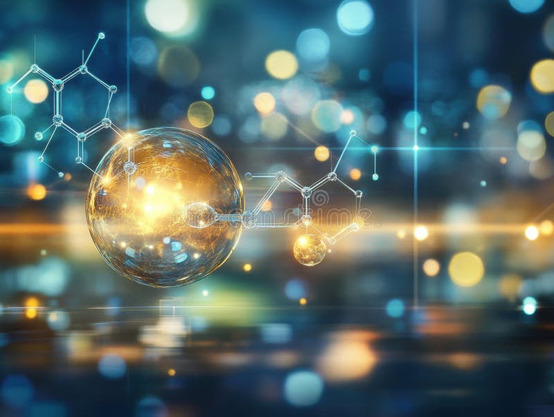 Abstract Molecules Structure Interacting with Glowing Sphere ...