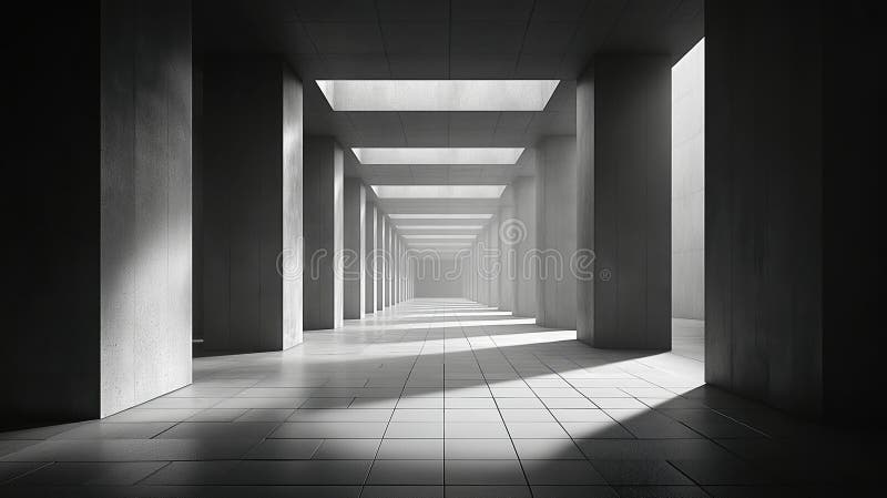 Abstract Monochrome Architectural Hallway with Geometric Light Patterns ...