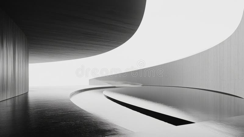 Abstract Monochrome Architecture with Curved Walls and Reflective Water ...