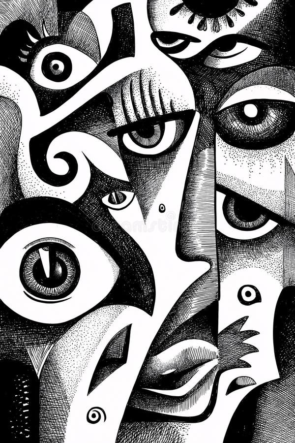Abstract Monochrome Drawing with Eyes, Lips and Noses Composition ...