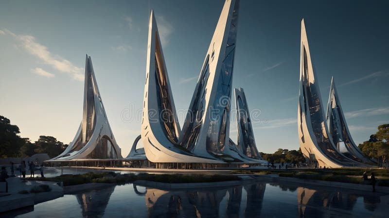 Abstract Monument with Angular Forms and Glowing Surfaces in a ...