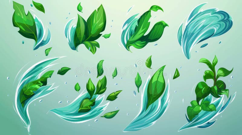 An Abstract Motion Curve with Mint Leaves and Water Splash. Modern ...