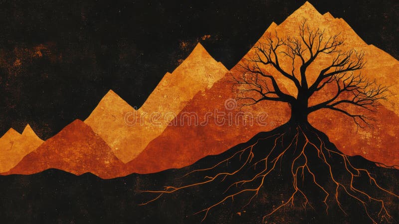 Abstract Mountain Landscape with Bare Tree and Roots in Warm Earth ...