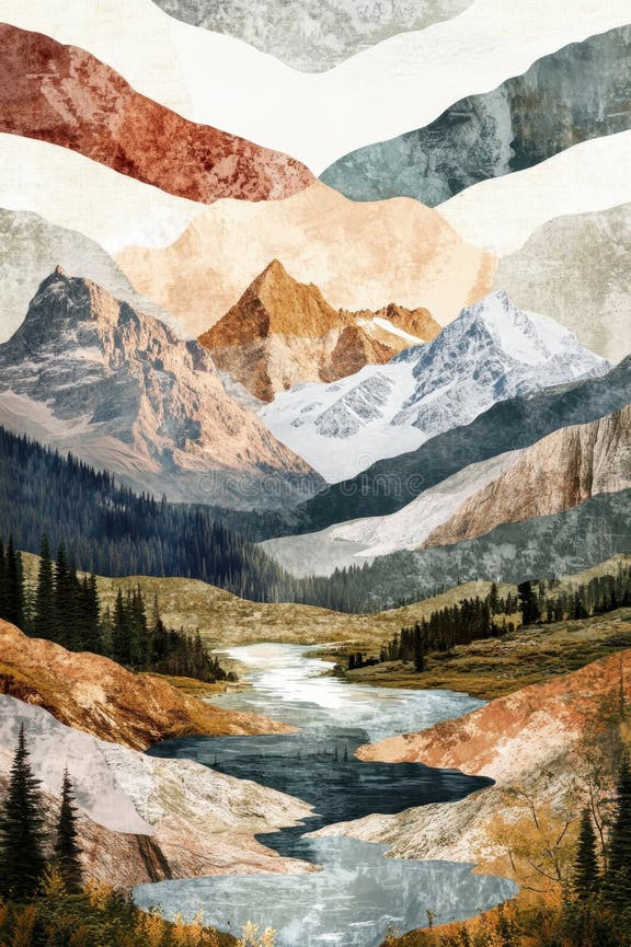 Abstract Mountain Landscape Collage with River and Forest Scenery ...