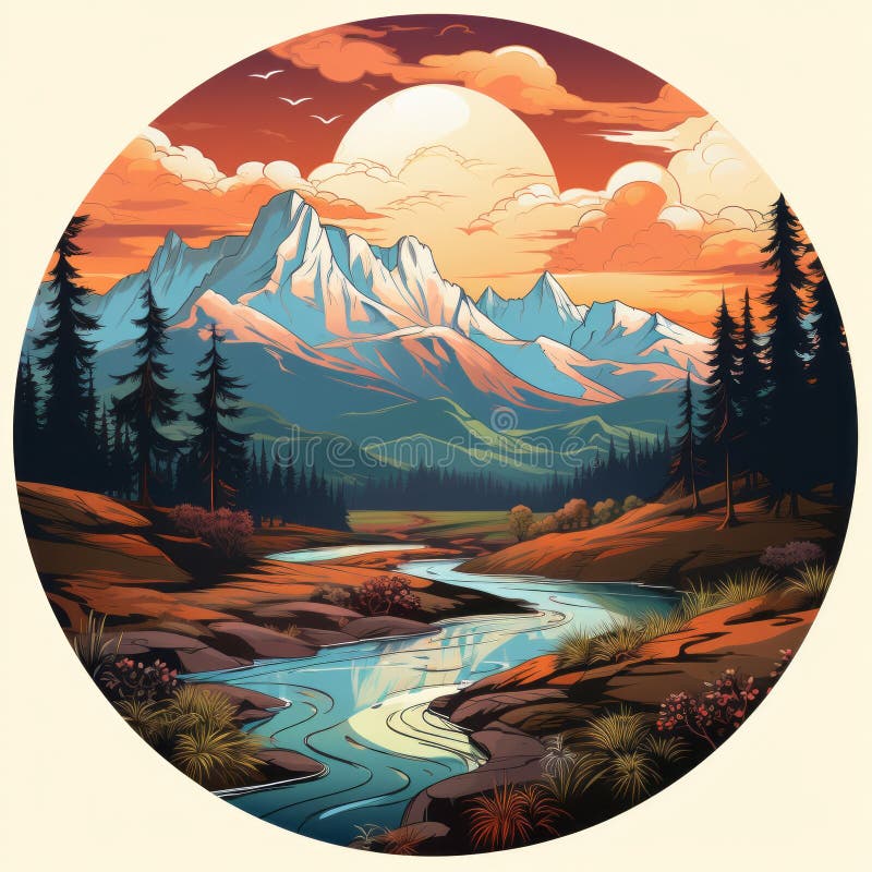 Vintage Landscape Painting with Mountains, Rivers, and Trees Stock ...