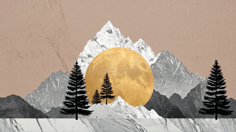 Abstract Mountain Landscape with Full Moon and Pine Trees in Surreal ...