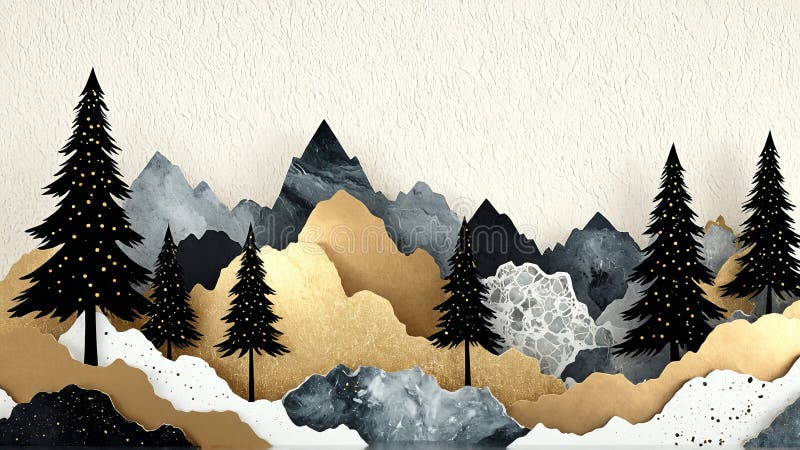 Abstract Mountain Landscape with Trees in Paper Cut Style Art Stock ...