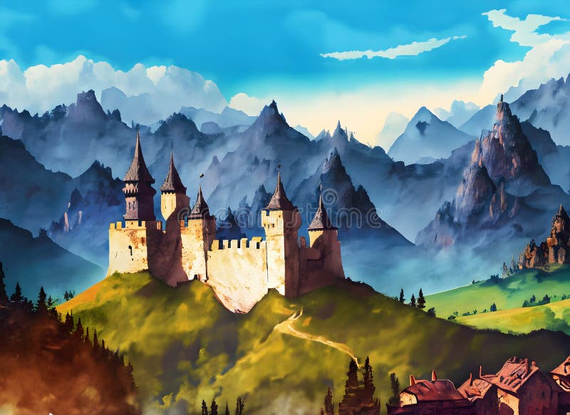 Abstract Mountain Range Landscape with a Castle on Digital Art Concept ...