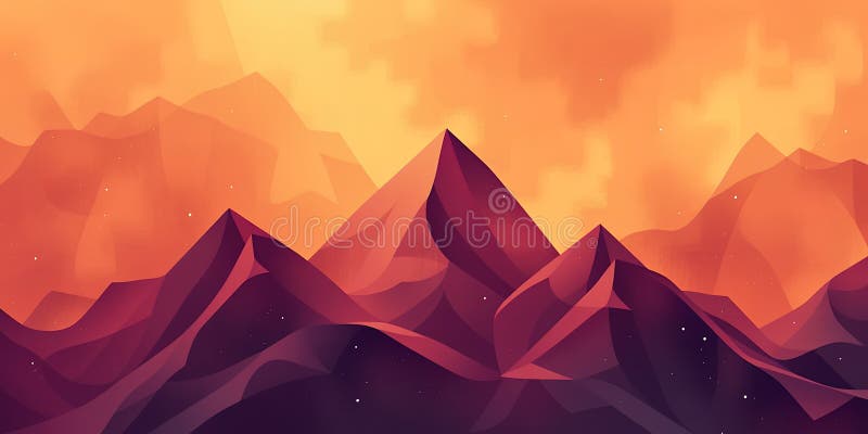 Abstract Mountain Range with Orange Sky Backdrop and Low Poly Geometric ...