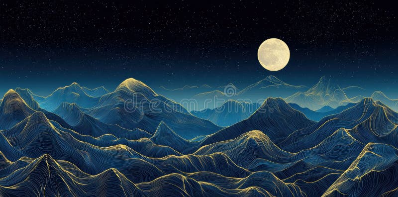 Abstract Mountain Range Under a Starry Night Sky with a Full Moon Stock ...