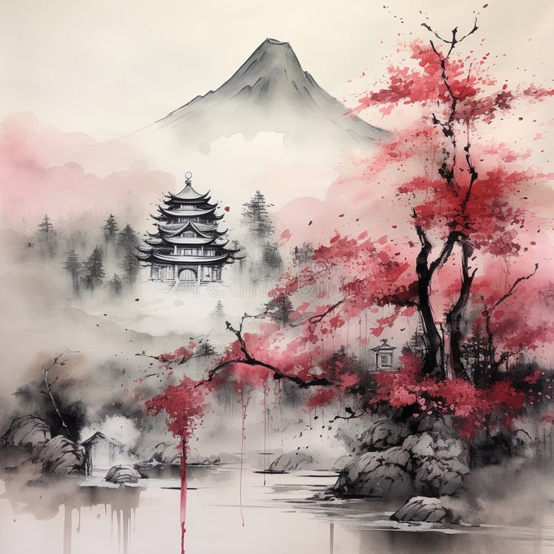 Abstract Mountain Sumi-e Ink Painting Stock Illustration - Illustration ...