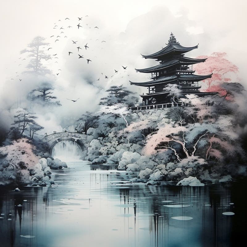 Abstract Mountain Sumi-e Ink Painting Stock Illustration - Illustration ...