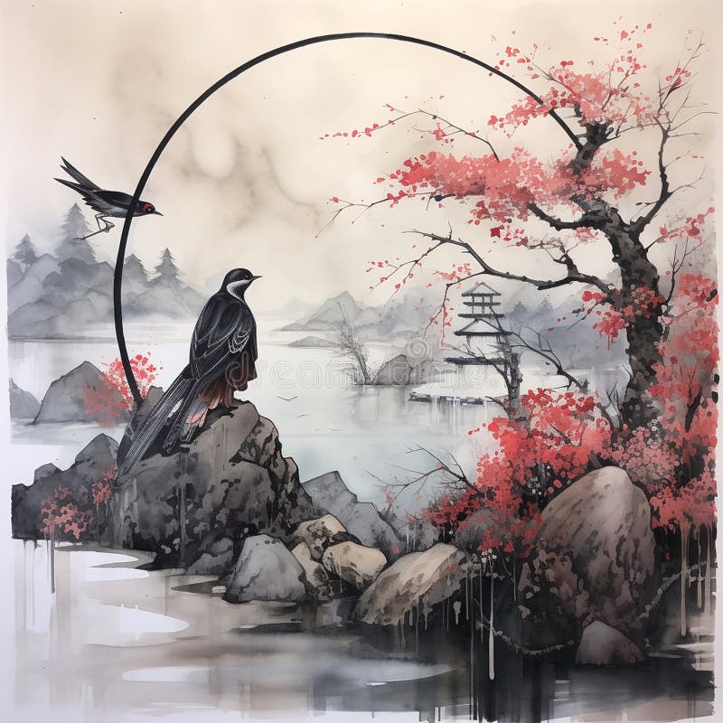 Abstract Mountain Sumi-e Ink Painting Stock Illustration - Illustration ...