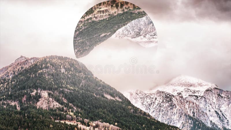Abstract Mountains Covered with Green Forest and Snow, Big Circle with ...