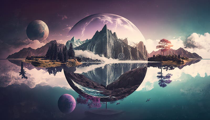 Abstract Mountains and Forest Landscape in a Bubble Reflected in a Lake ...