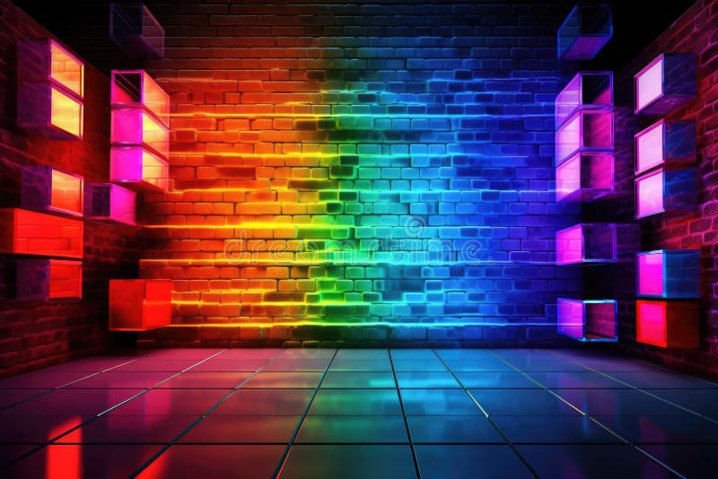 Abstract Multi Color Background with Tile Floor and Bricks Back Wall ...