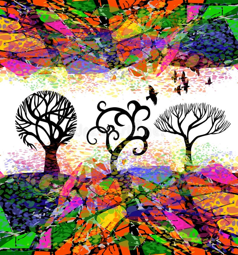 Abstract Multi-colored Tree with Flying Birds. Vector Illustration ...