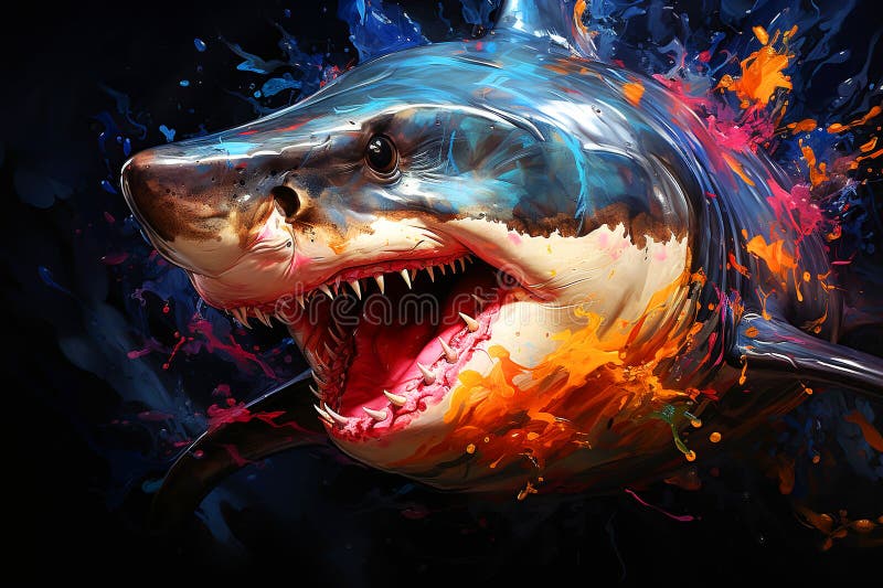 Abstract, Multicolored Neon Portrait of a Shark Looking Forward, in the ...