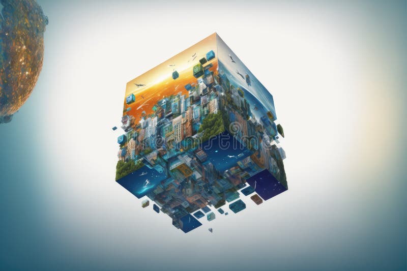 Abstract Multiverse World with Cubic Landscape of Nature and City Stock ...