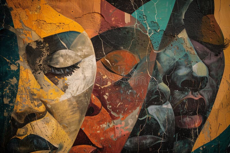 Abstract Mural Art Featuring Multiple Faces Overlapping with Cracked ...
