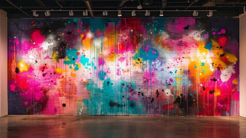 Abstract Mural with Distorted Figures and Neon Splashes in a Urban ...