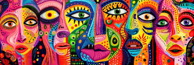 Abstract Mural of Multiple Faces with Exaggerated Features Stock ...