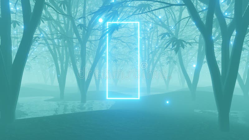 Abstract Mystical Forest in the Dark with Fog and Glowing Frame, 3d ...