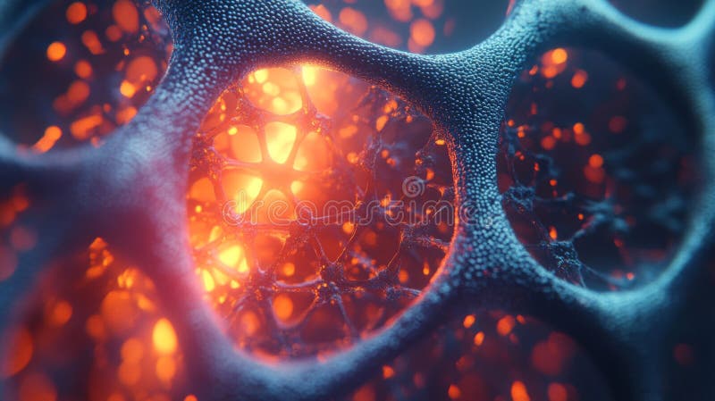 Abstract Nanoscale Cellular Structure with Glowing Blue and Orange ...