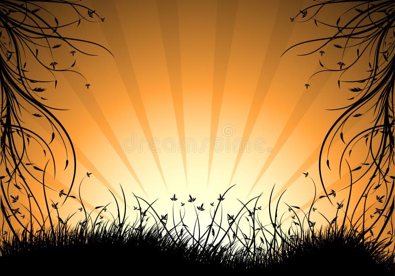Abstract Sunset in Mountain with Grass Silhouette, Vector Illustration ...